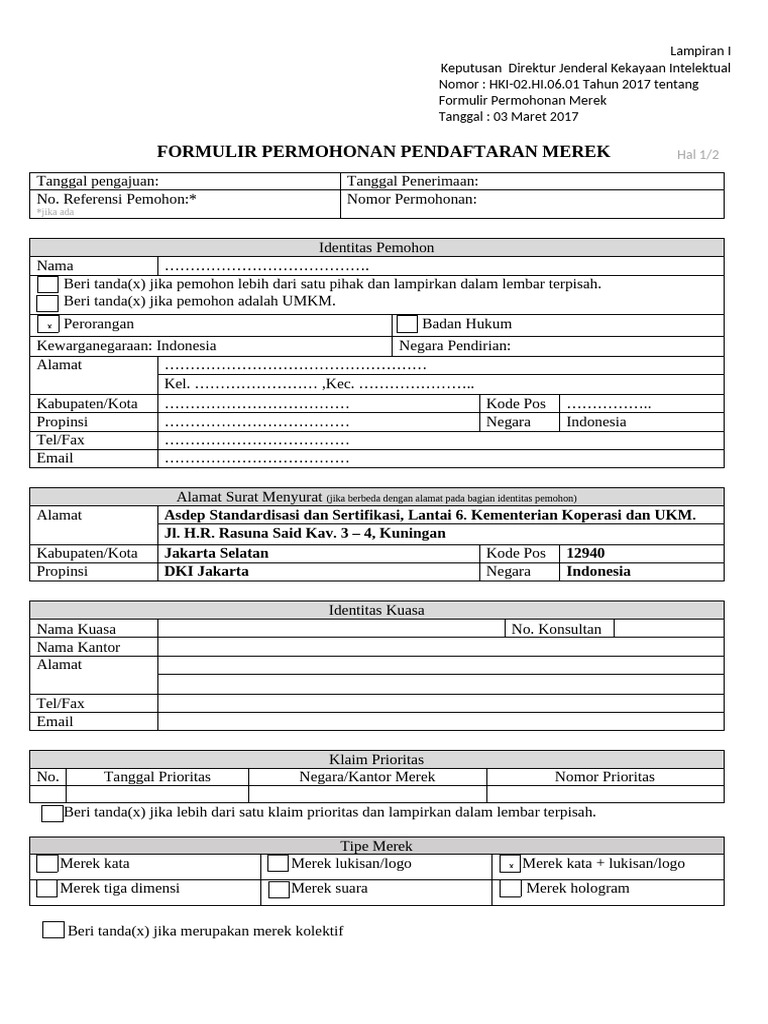 Formulir Permohonan Pendaftaran Merek Uu 2016 111 | PDF