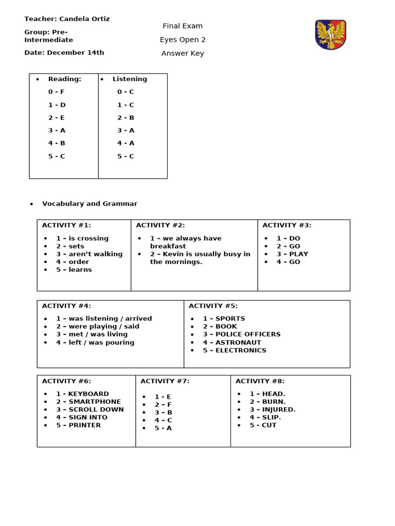 Answer Key - Eyes Open 2 - Pre-Intermediate 2023 - Candela Ortiz | PDF
