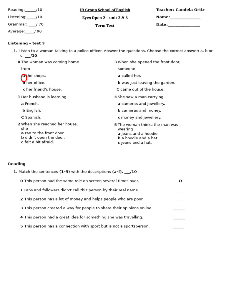 Eyes Open 2 - Exam (Segundo Período) | PDF