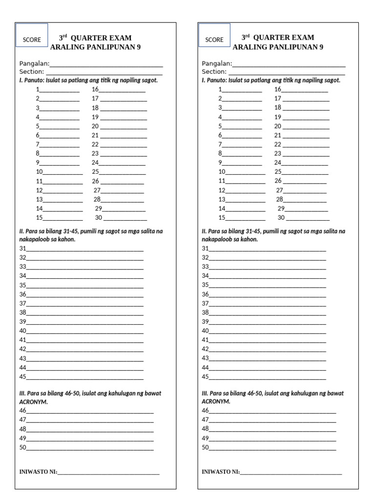Answer Sheet 50 Items | PDF