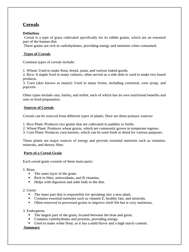 Cereals and Milk Notes | PDF | Cereals | Foods