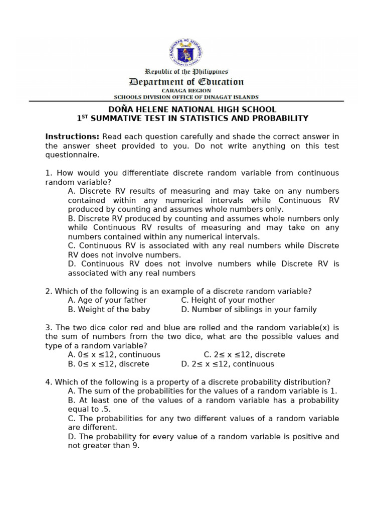 SUMMATIVE STAT 1 | PDF | Random Variable | Probability Distribution