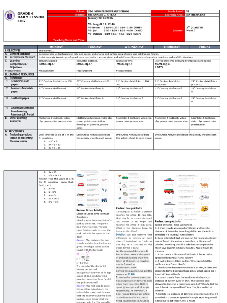 Ana-Dll Mathematics 6 q3 w7 | PDF | Speed | Distance