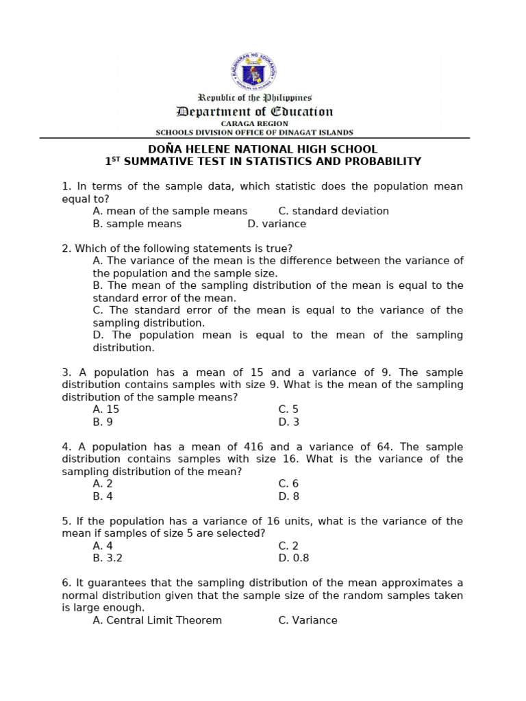 SUMMATIVE STAT 2 | PDF | Variance | Standard Error