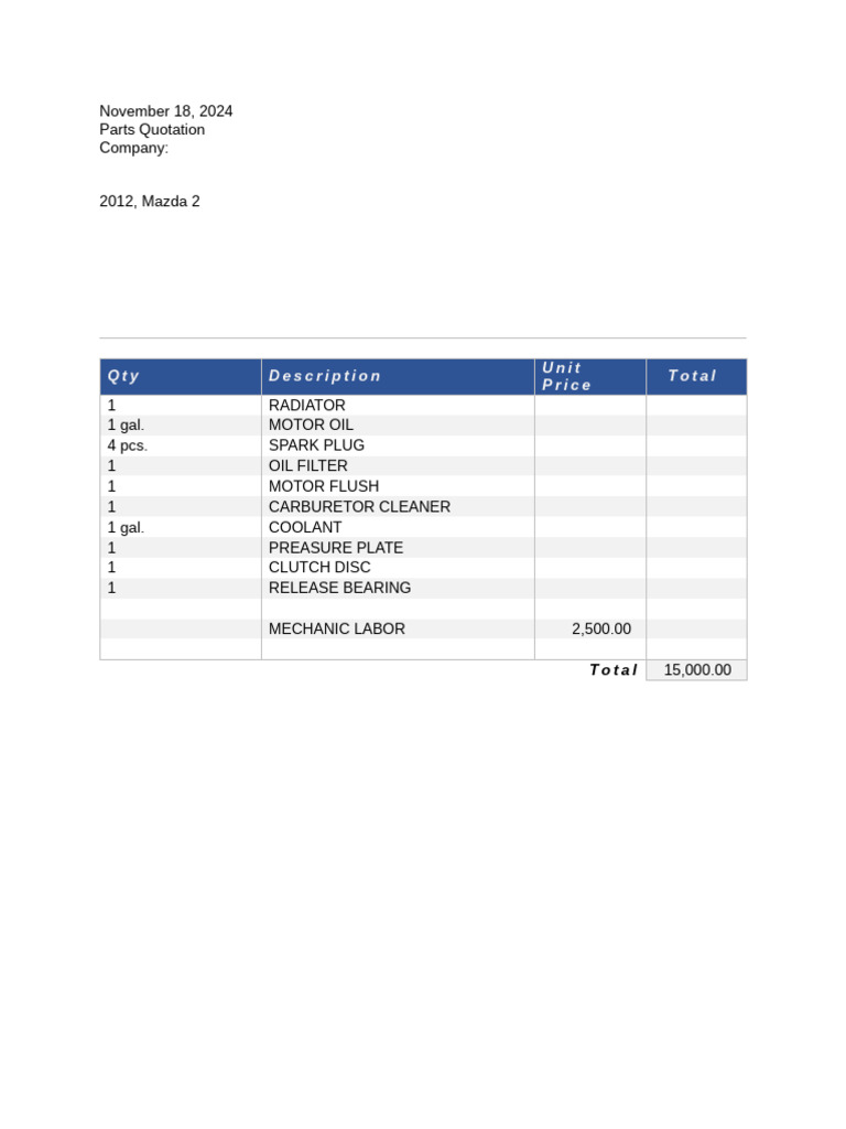 Parts Quotation Mazda 2 | PDF
