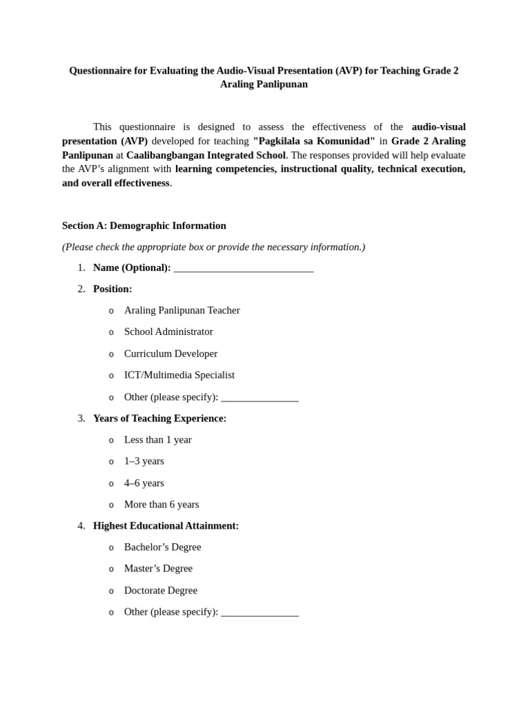 Questionnaire for Evaluating the Audio | PDF | Learning | Educational ...