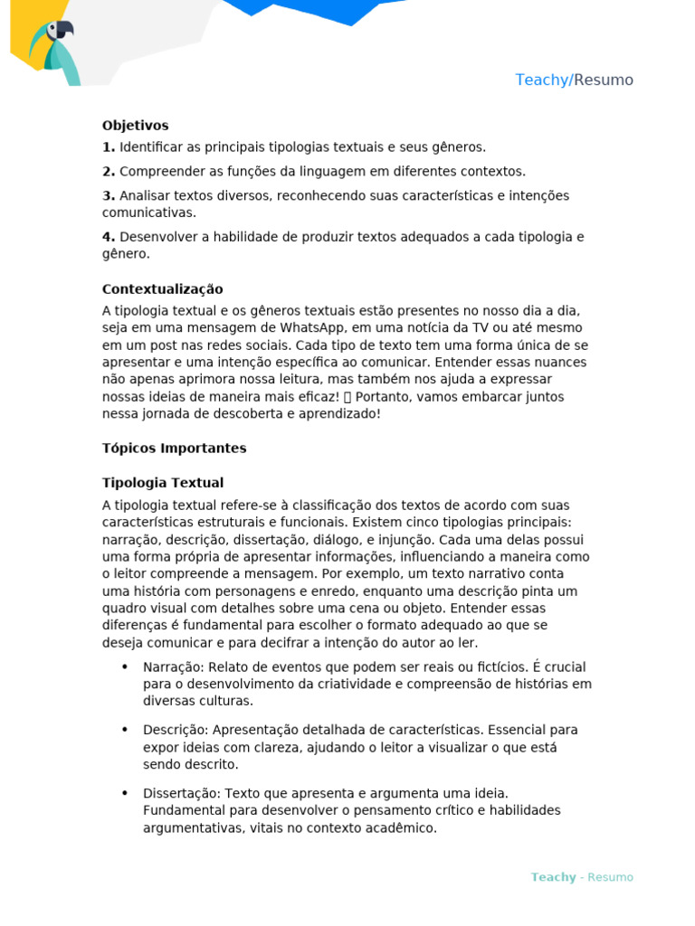 Resumo Sobre Tipologia Textual | PDF