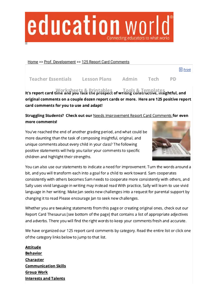 125 Positive Report Card Comments | PDF | Learning | Classroom