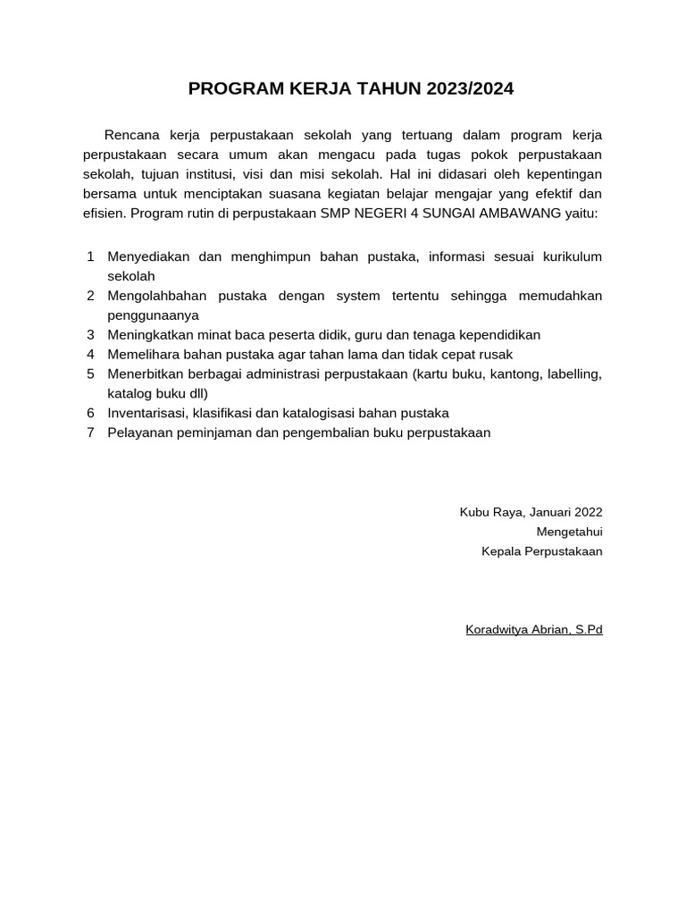 PROGRAM KERJA PERPUSTAKAAN | PDF