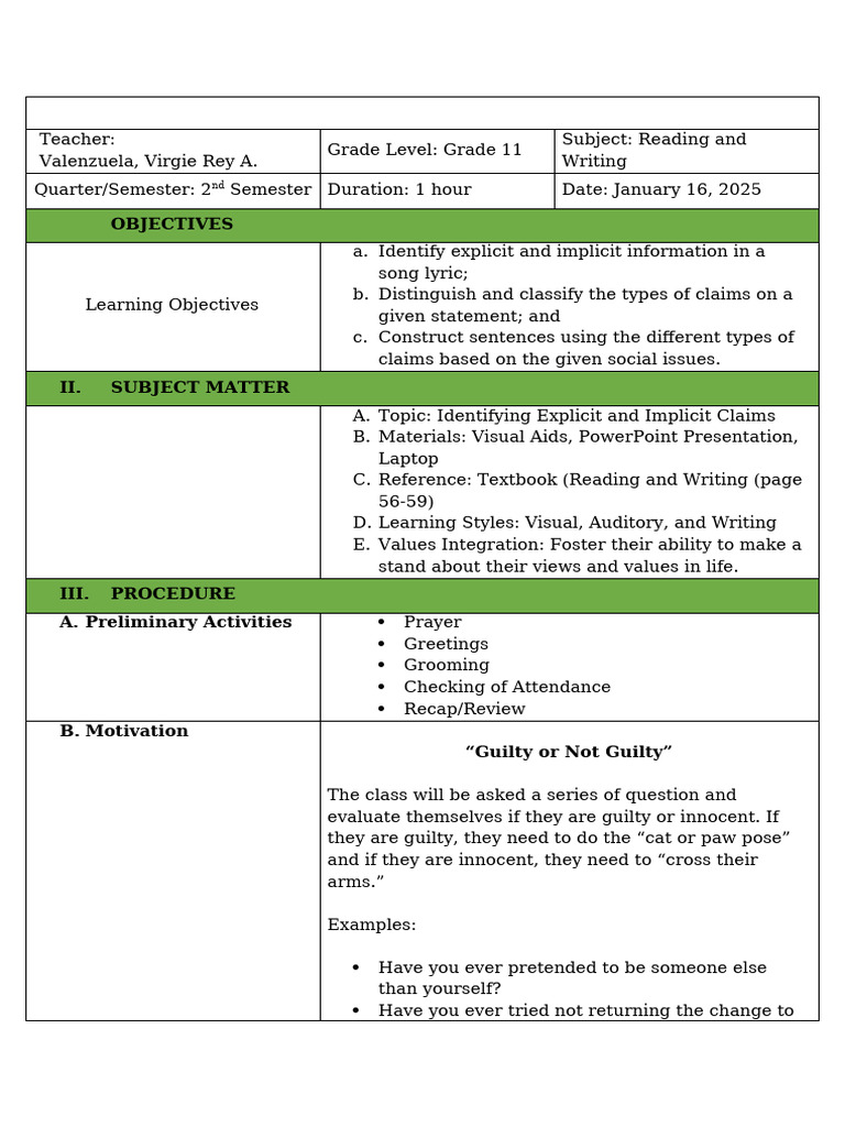 Lesson Plan Explicit and Implicit | PDF | Learning | Information