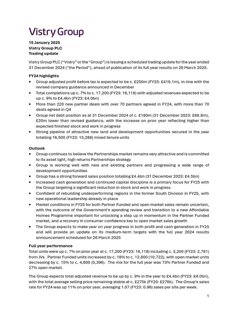 vistry-group-trading-update-15-january-2025 | PDF | Market (Economics ...