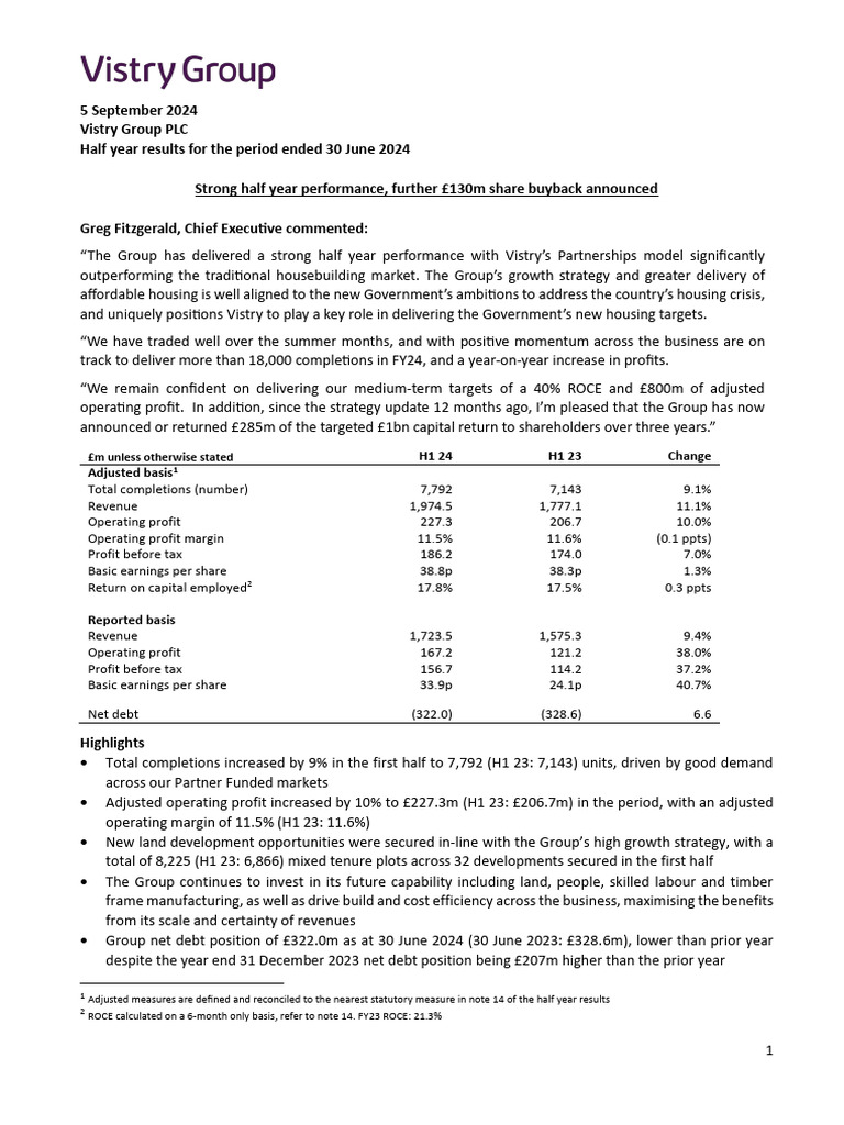 Vistry Group PLC Half Year Results 2024 FINAL | PDF | Share Repurchase ...