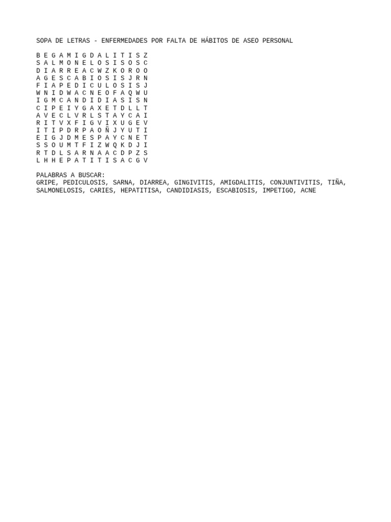 Sopa de Letras Enfermedades Aseo | PDF