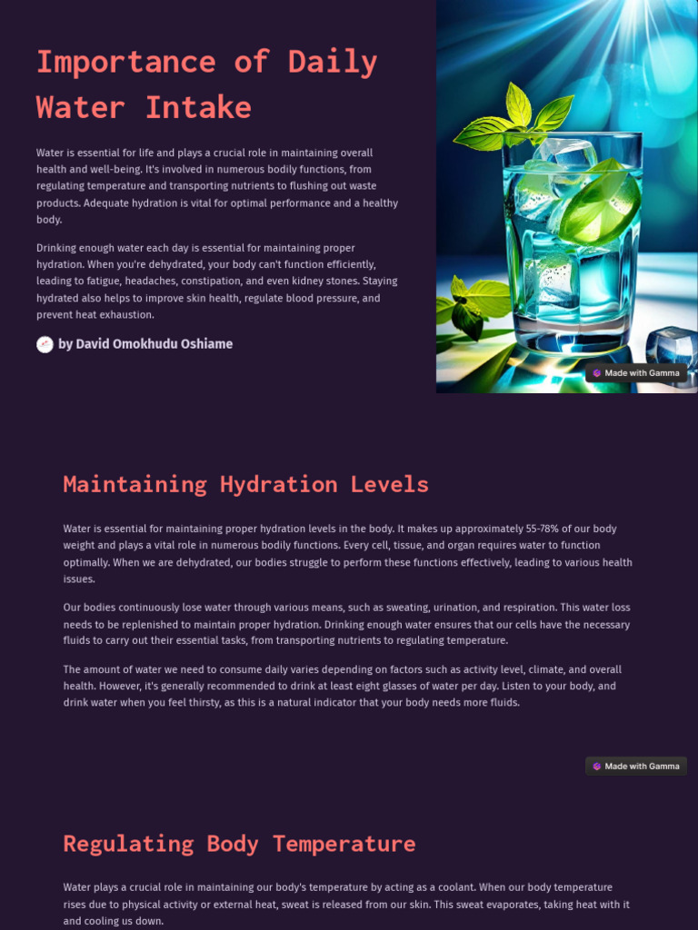 Importance of Daily Water Intake | PDF | Dehydration | Digestion