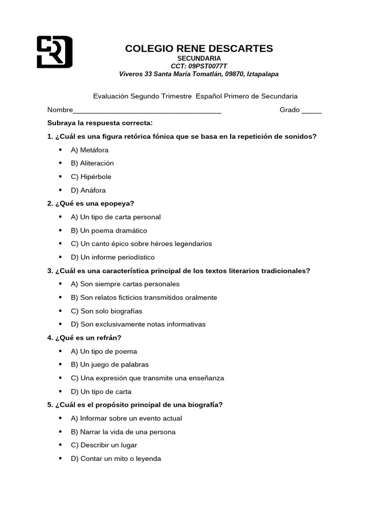 Evaluación de Español 1° Secundaria | PDF | Poesía | Escritura