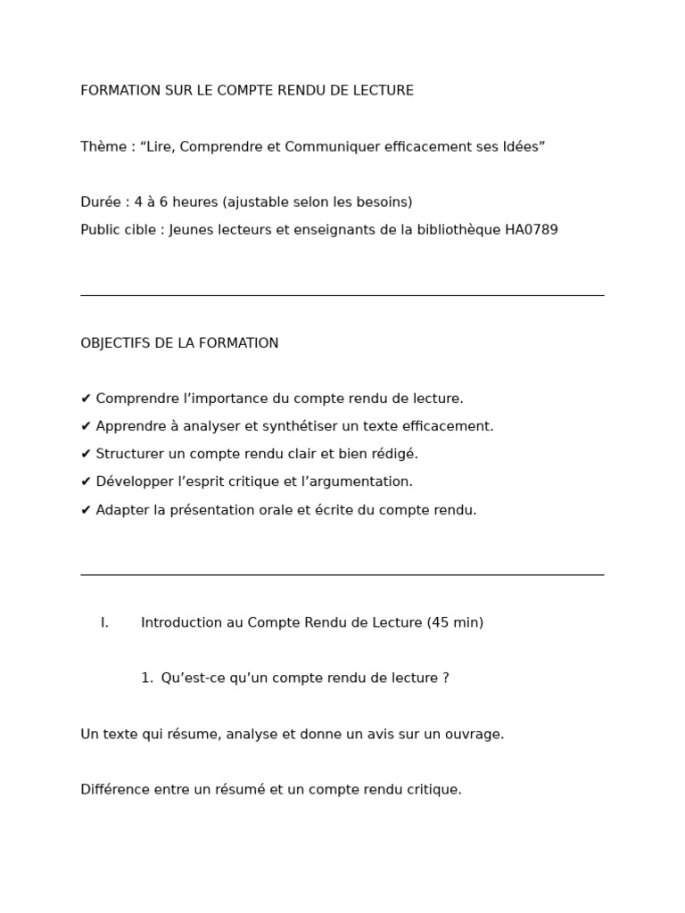 Formation sur le Compte Rendu de Lecture | PDF | Romans