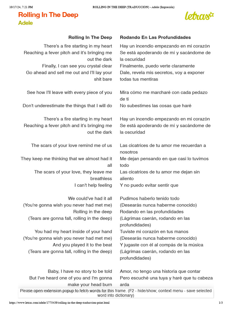 ROLLING IN THE DEEP (TRADUCCIÓN) - Adele (Impresión) | PDF | Grabación de sonido | Música grabada
