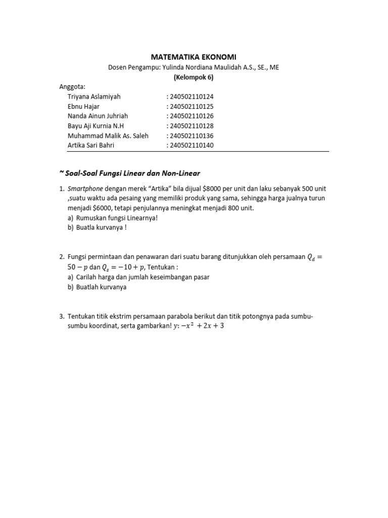Tugas Kelompok 6-Soal Fungsi Linear dan Non-Linear | PDF Tugas Kelompok 6-Soal Fungsi Linear dan Non-Linear | PDF