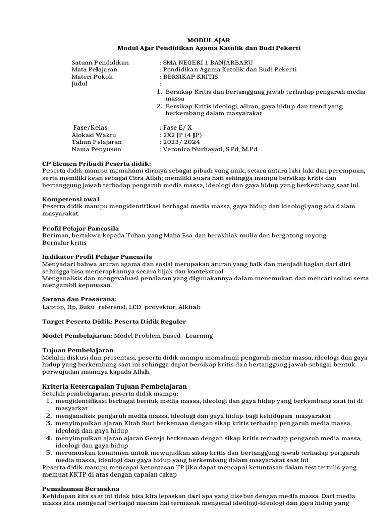 Contoh Modul Fase e - Bersikap Kritis - Bimtek Kombel | PDF