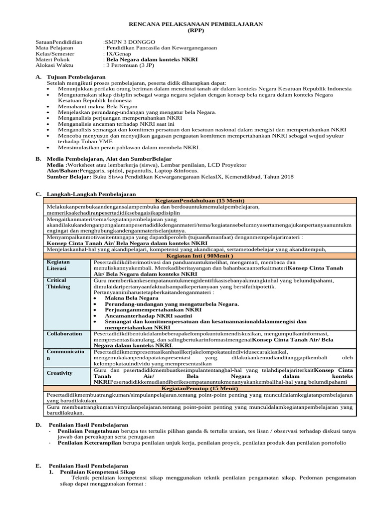 RPP 1 Lembar PKN Kelas 9 k13 | PDF