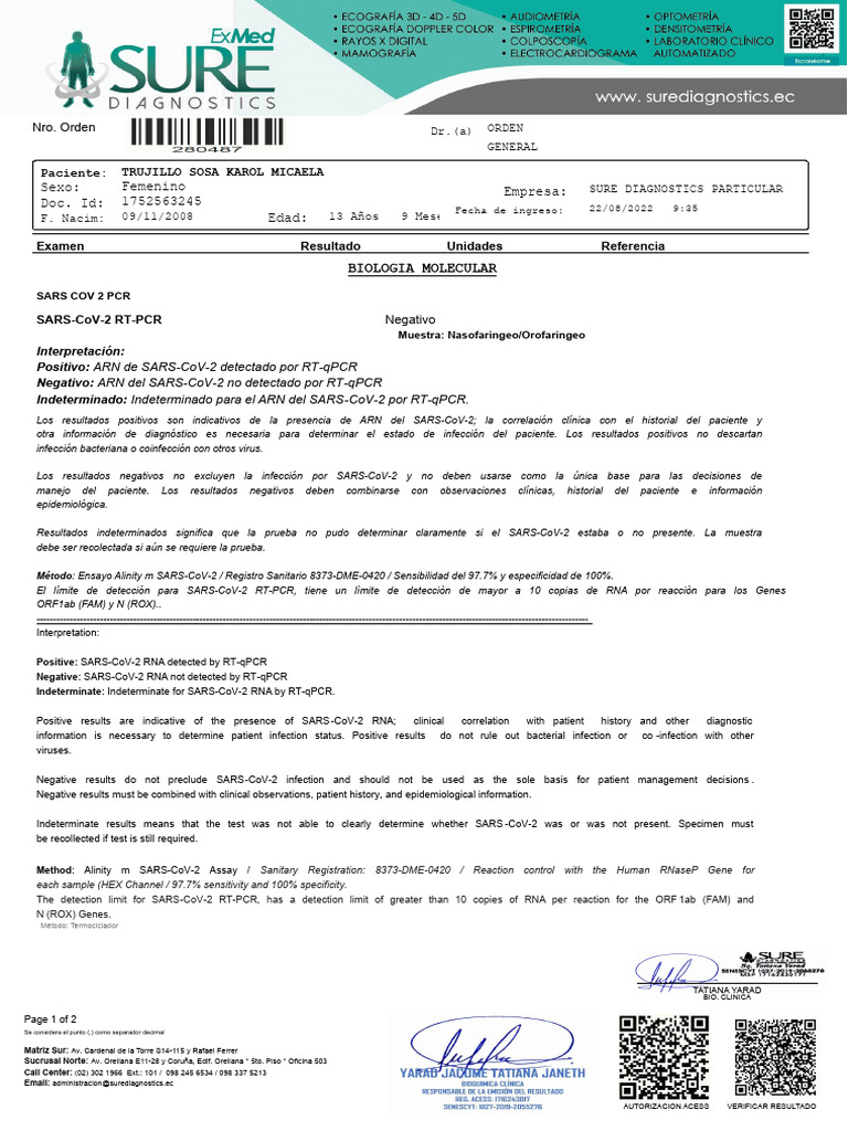 Resultado PCR SARS-CoV-2 Negativo | PDF | Reacción en cadena de la ...