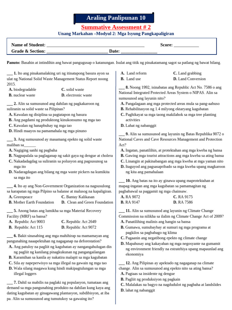 2nd Summative Test (Araling Panlipunan 10) | PDF
