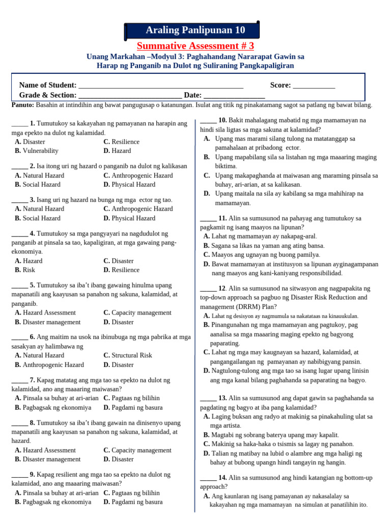 3rd Summative Test (Araling Panlipunan 10) | PDF
