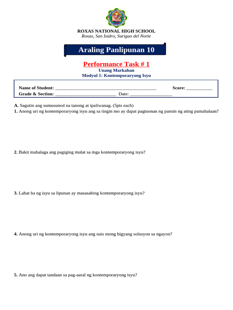 1st Performance Task (Aral. Panlipunan 10) | PDF