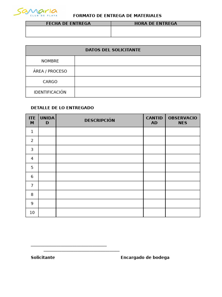 Formato de Entrega de Insumos | PDF