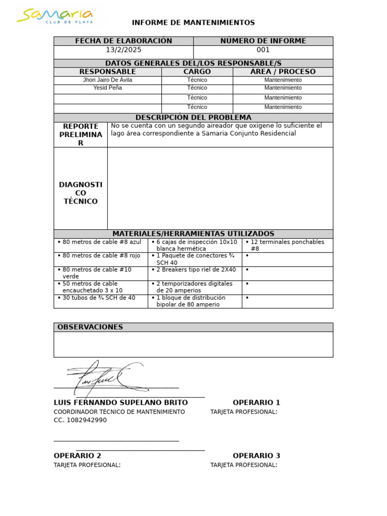 Formato de Informe de Mantenimientos Ordinarios | PDF