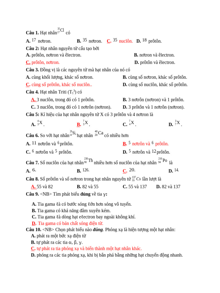 Đáp Án-Lý Thuyết Hạt Nhân Nguyên Tử - ck2 | PDF
