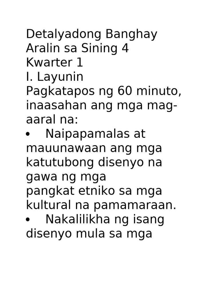 Detalyadong Banghay Aralin Sa Sining 4 | PDF