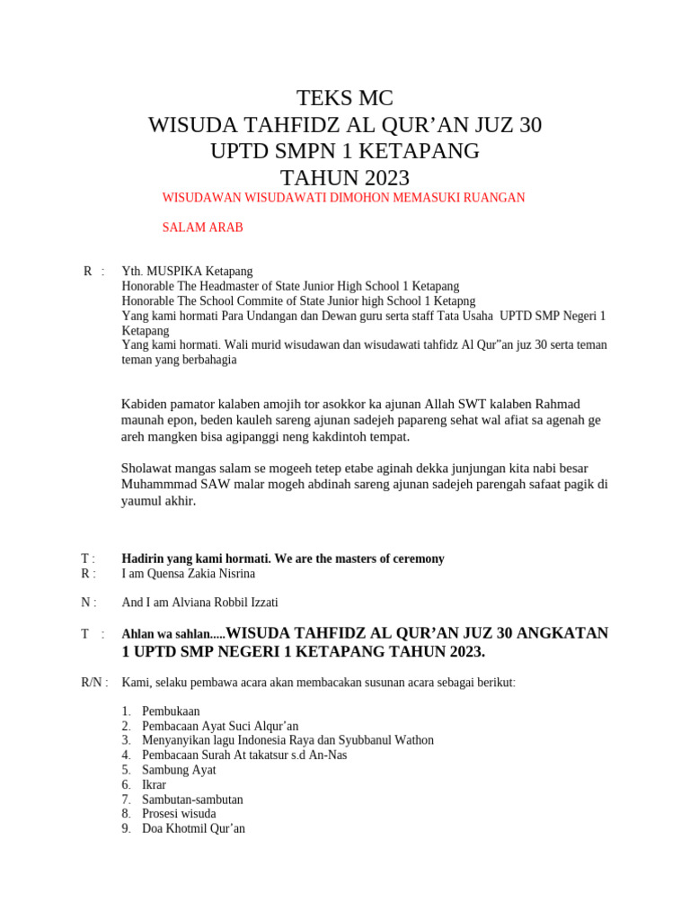 MC Wisuda Tahfidzul Al Qur'an 2025 | PDF
