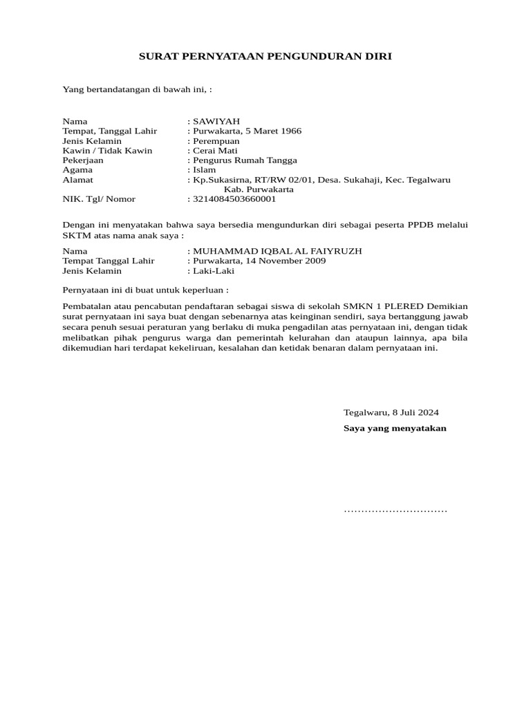 Surat Pernyataan Pengunduran Diri PPDB | PDF