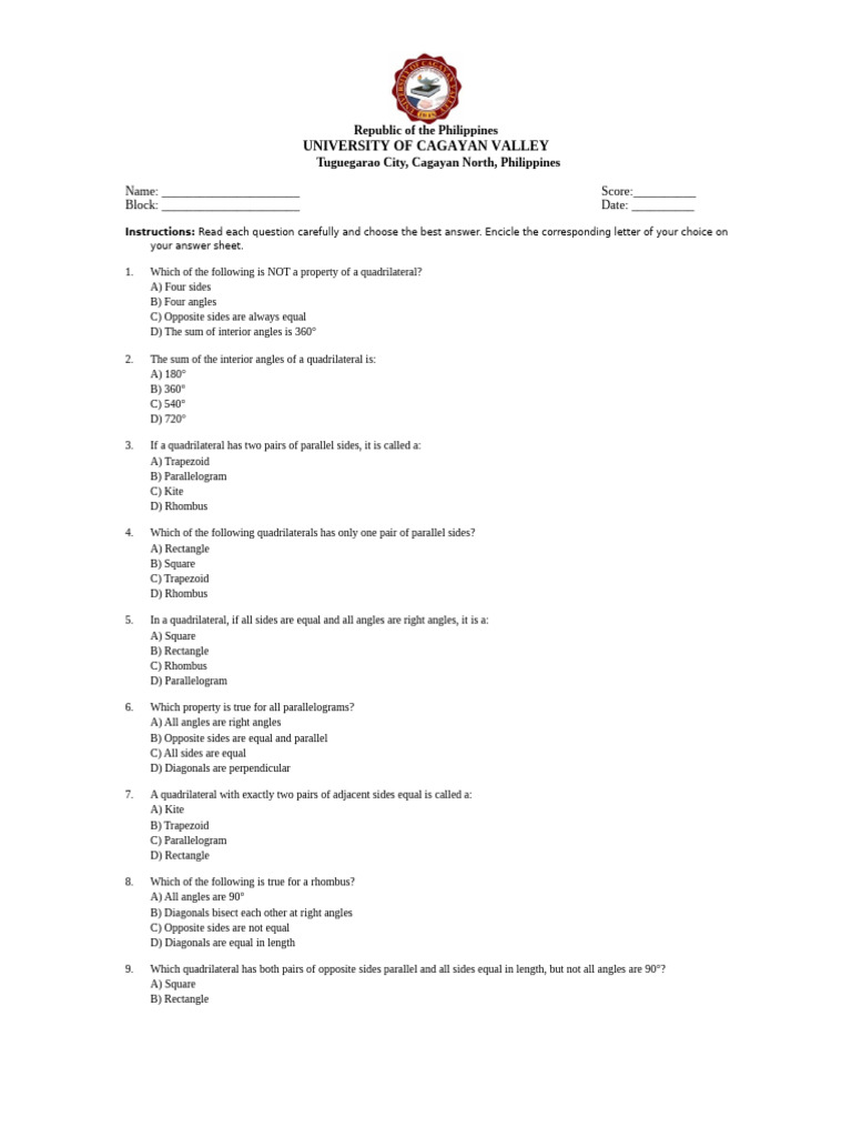 tos multiple choice test questions | PDF | Rectangle | Perpendicular