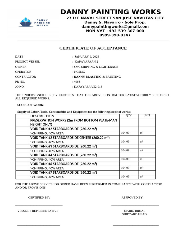 CERTIFICATE OF ACCEPTANCE 4963.doc1 | PDF | Ships | Shipping