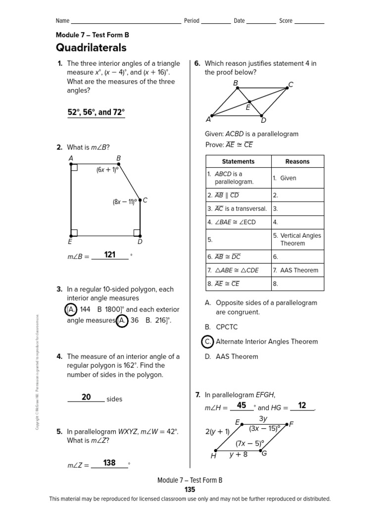 Geometry Answers - Printable Module 7 Test Form B | PDF | Rectangle ...