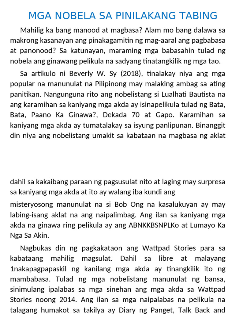Mga Nobela Sa Pinilakang Tabing | PDF