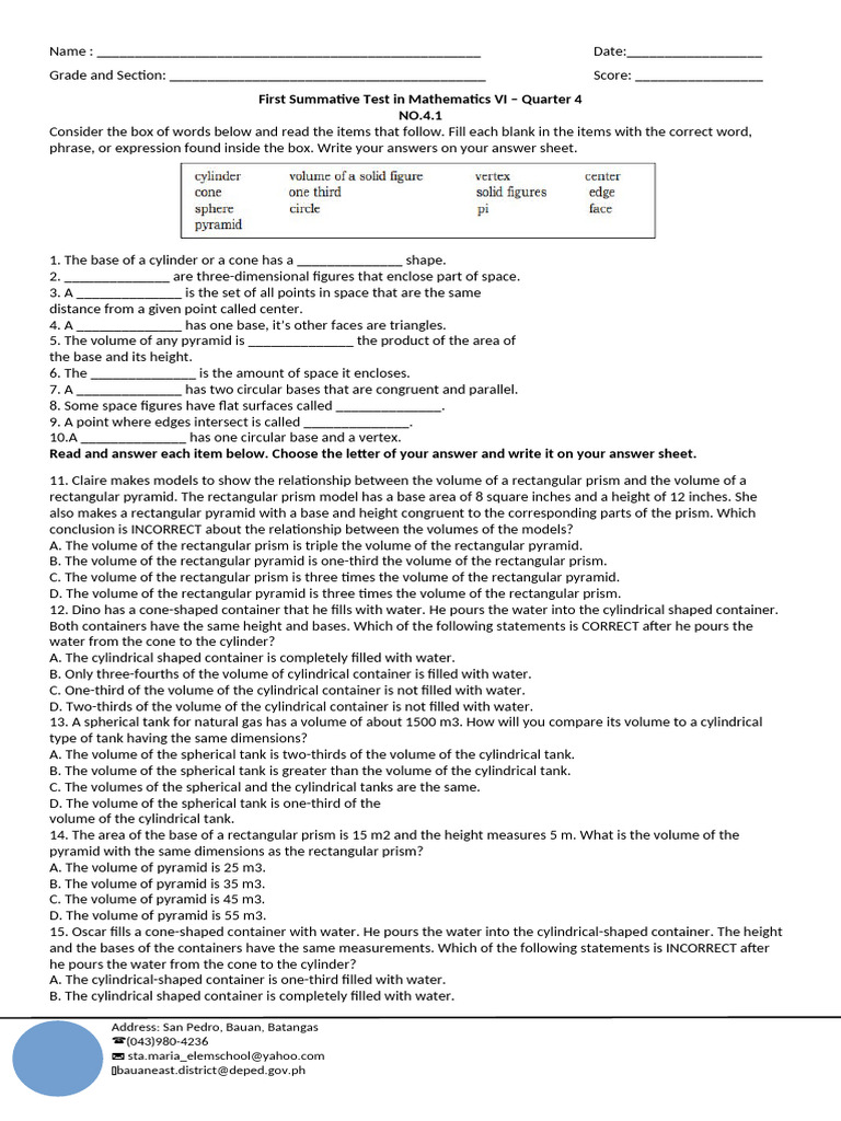 Math and English Summative Test VI | PDF | Volume | Geometry