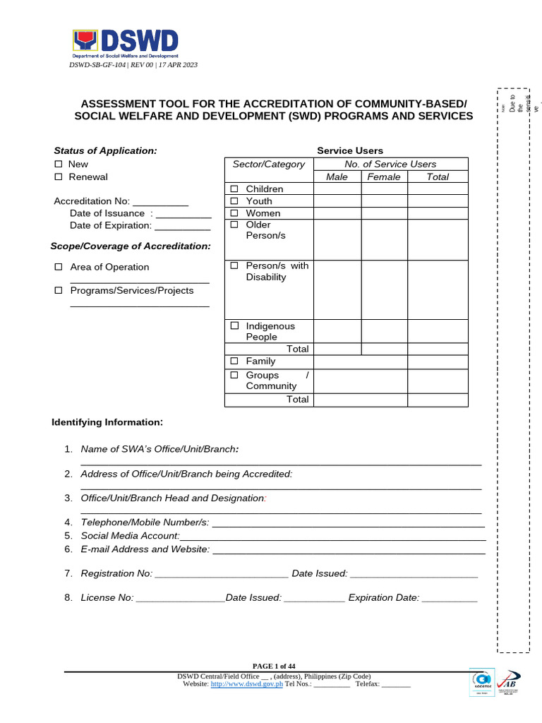 DSWD SB GF 104 - Rev 00 - Assessment Tool For The Accreditation of ...
