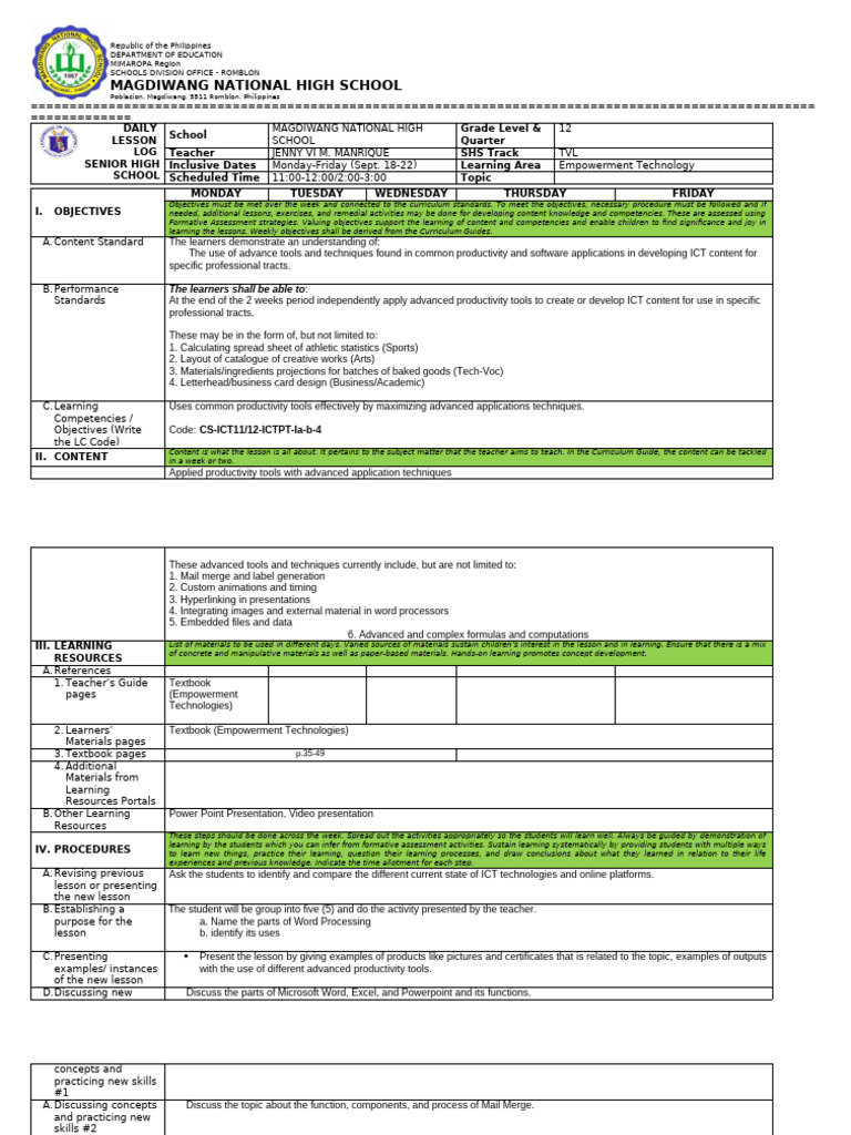 Daily Lesson Log for Empowerment Tech | PDF | Learning | Educational ...