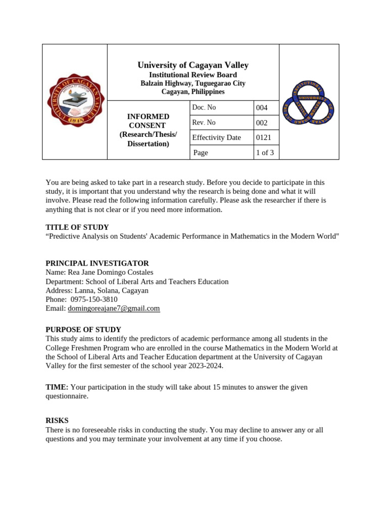 IRB Form 004 v2 INF ORMED CONSENT FORM Research Thesis Dissertation New ...