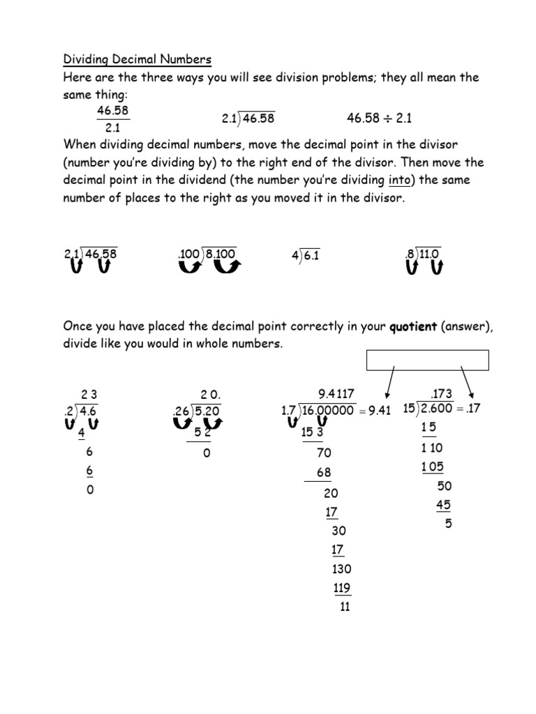 Dividing Decimals Worksheet | PDF | Division (Mathematics ...