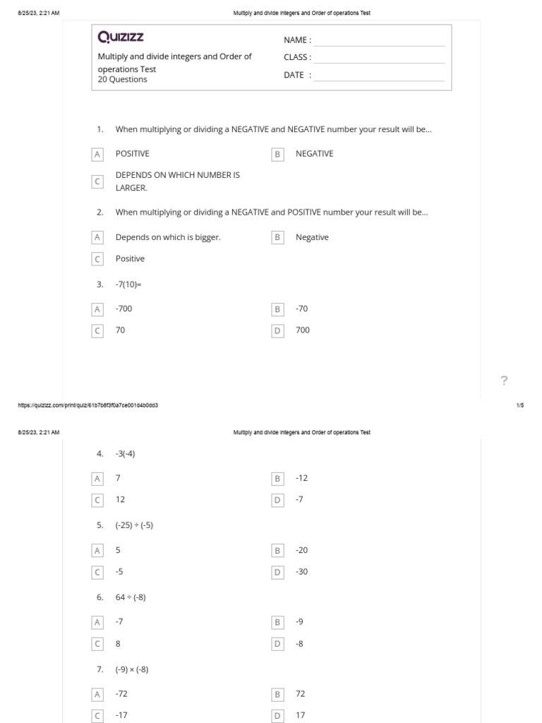Multiply and Divide Integers and Order of Operations Test | PDF ...