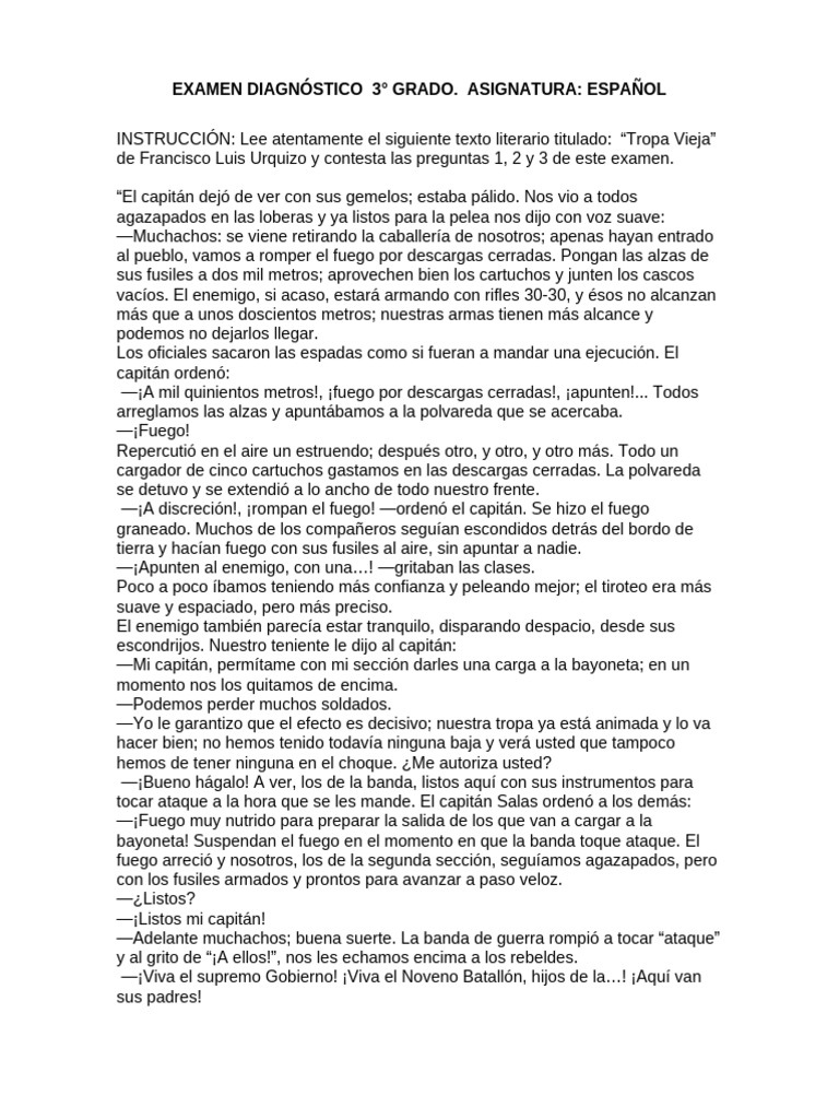 Examen de Español 3° Grado: Tropa Vieja | PDF