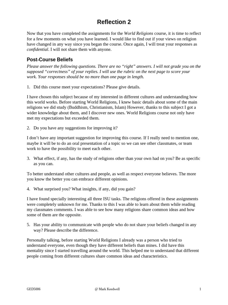 Post-Course Reflection on World Religions | PDF | Knowledge | Learning