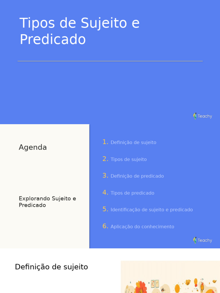 Slide - Tipos de Sujeito e Predicado | PDF | Assunto (gramática) | Predicado (gramática)