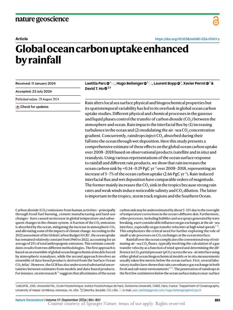 Global Ocean Carbon Uptake Enhanced by Rainfall | PDF | Oceans | Rain