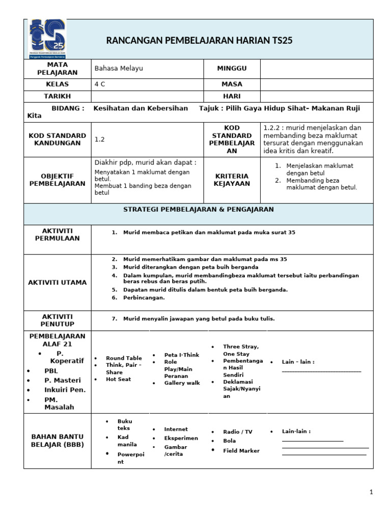 RPH BM Tahun 4 KSSR Semakan Unit 6 Pilih Gaya Hidup Sihat | PDF