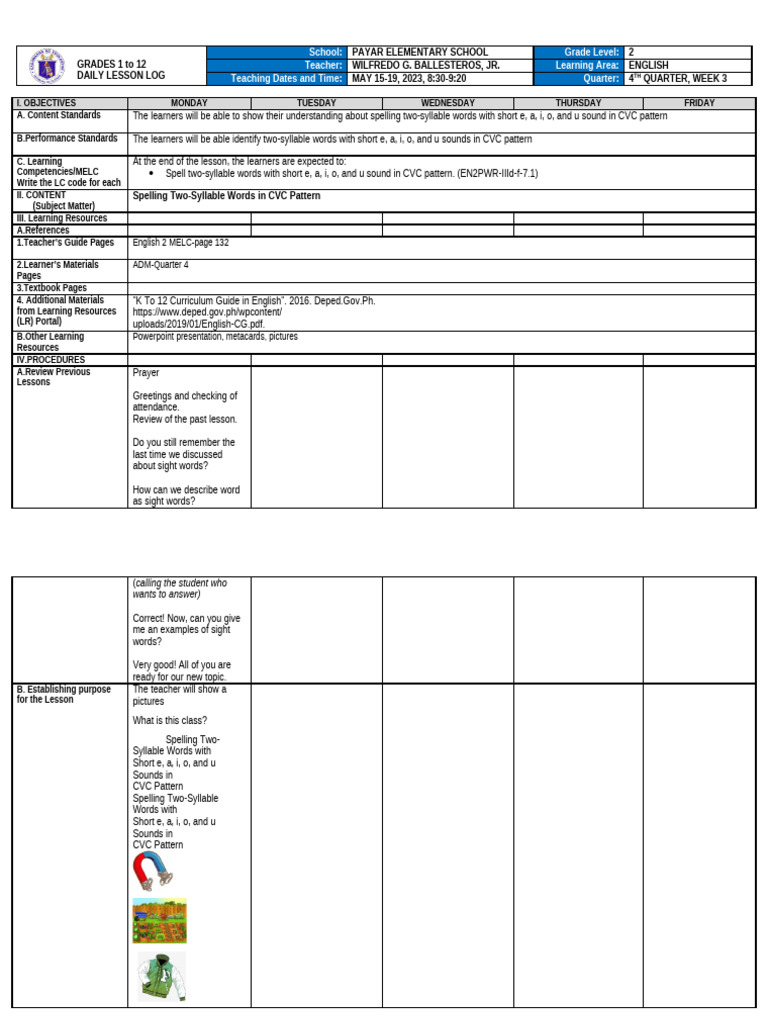 Grade 2 DLL Q4 Week 3 | PDF | Syllable | Consonant
